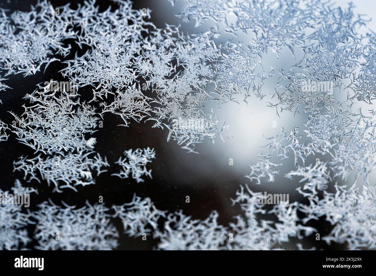 Ice crystals, snow crystals on glass, window pane of a flat in winter ...