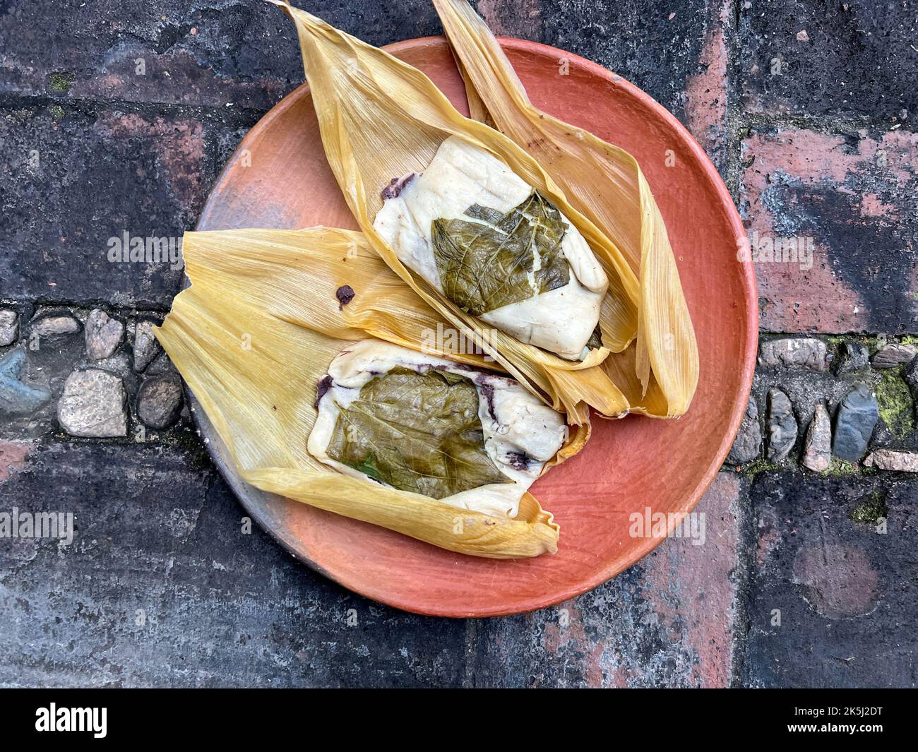 Two Oaxacan tamales on a clay plate made with hoja santa and filled ...