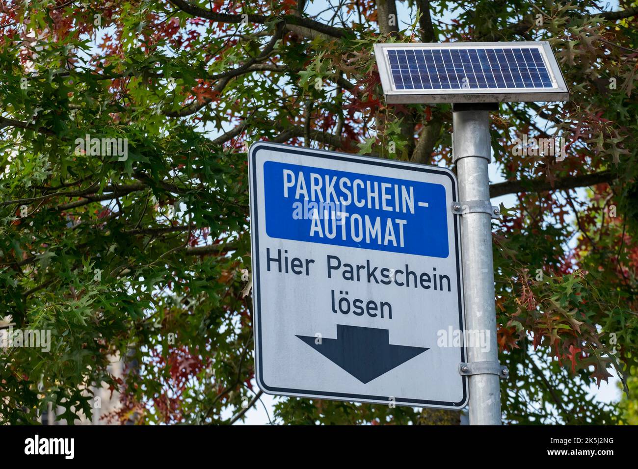 Sign parking ticket machine, solar panel, Muensterland, North Rhine ...