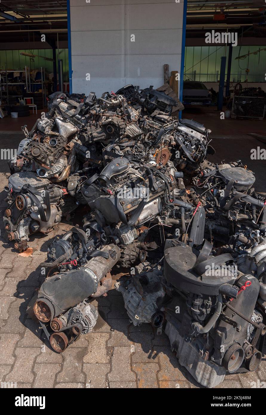 Engines in a scrap yard, collected for export to Africa, Bavaria ...
