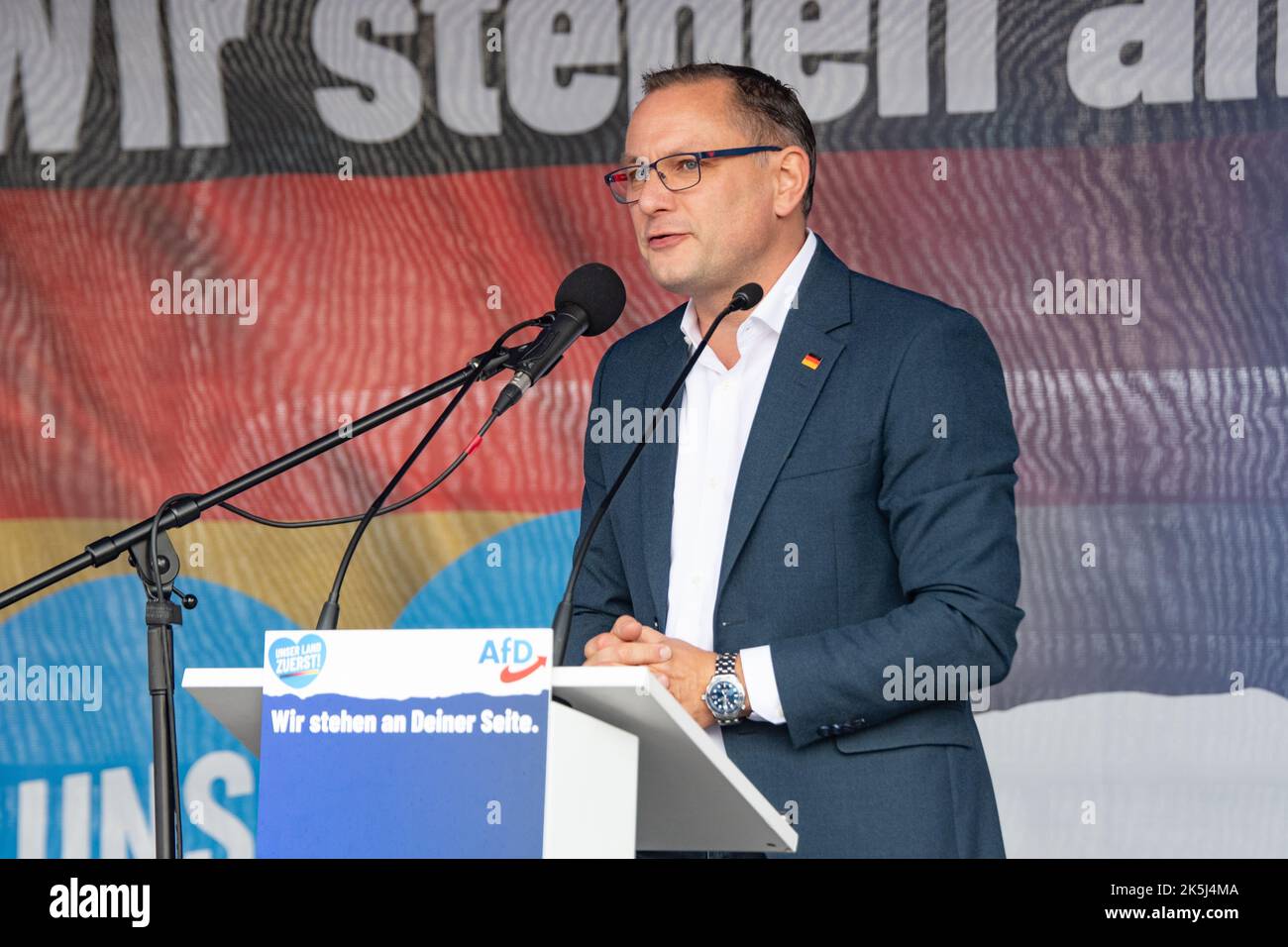 Tino Chrupalla speaking at an AfD Rally against the inflationary ...