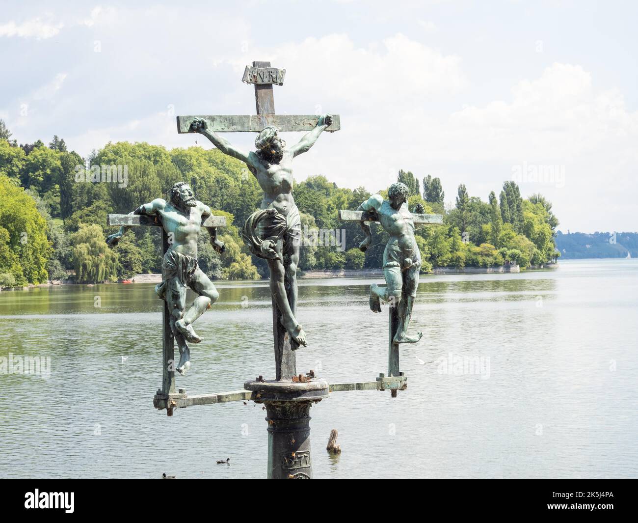 Swedish cross, crucifixion group at the entrance to Mainau Island, Lake ...