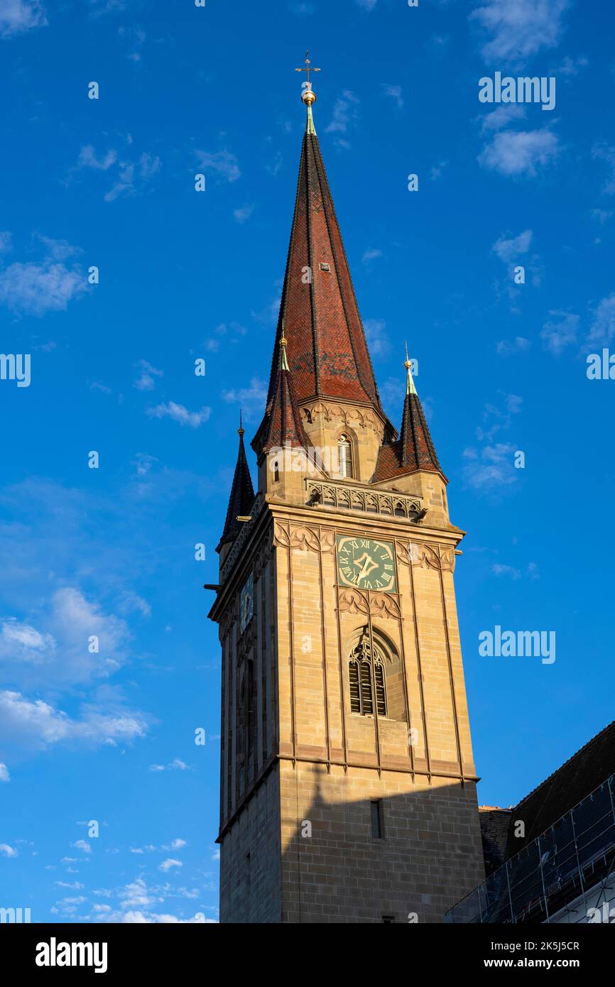 The neo-Gothic Minster Tower in the old town of Radolfzell, at 82 ...