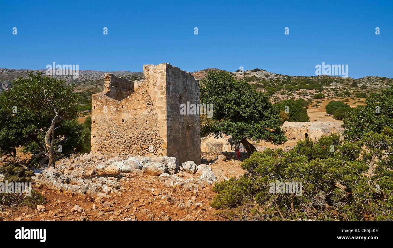 Agios Georgios, chapel, ruins of buildings, stone houses, cloudless ...