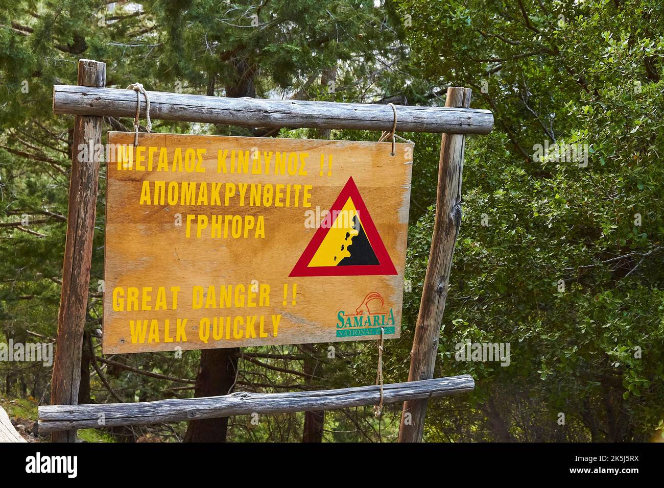Wooden sign, warning of fire, rest area, Samaria Gorge, Samaria, gorge ...