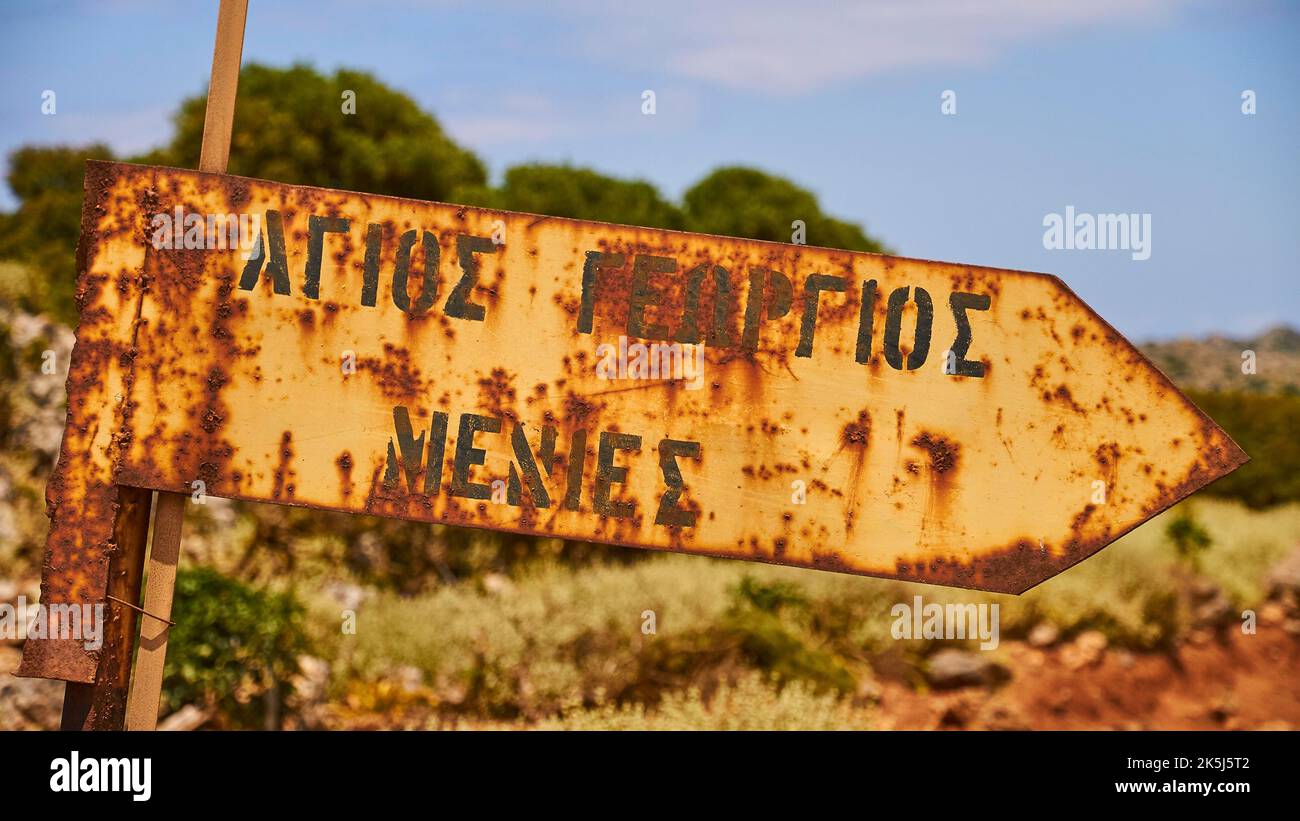 Rusty signpost, Agios Georgios, Menies, Rodopou Peninsula, Western ...