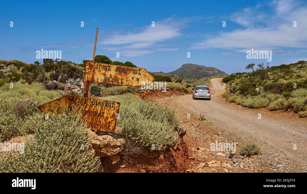 Rusty signposts, track, off-road track, off-road, silver car, Machia ...