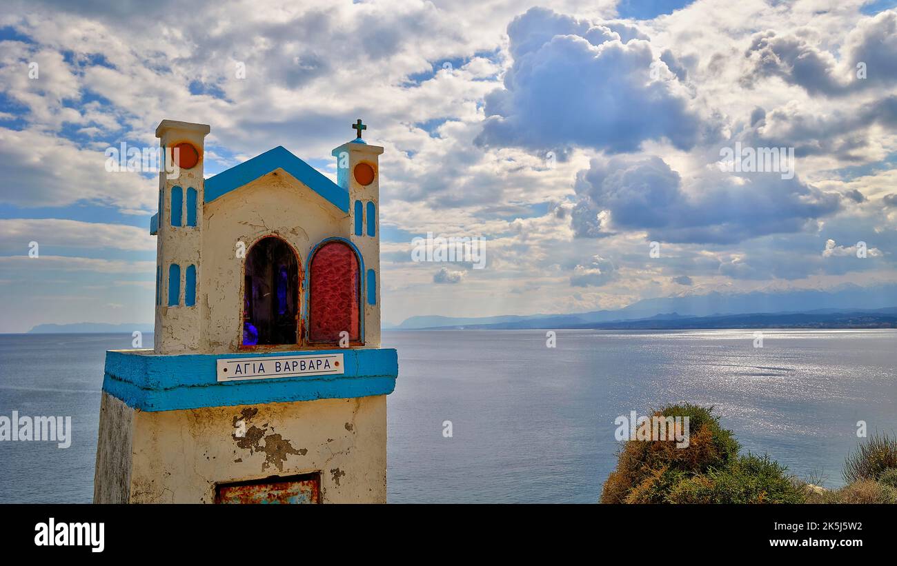 HDR, miniature church on roadside, sideways left, blue-white, Agia ...