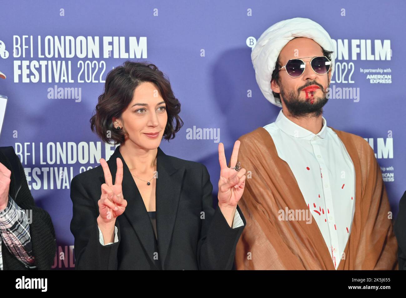 London, UK. 8th Oct 2022. Director Ali Abbasi and cast Zar Amir Ebrahimi arrive at the Holy ...
