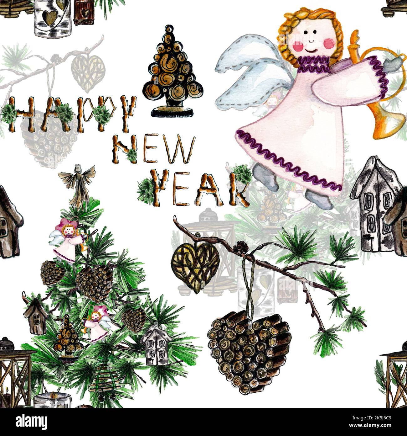 Watercolor seamless pattern of New Year tree and Christmas wooden ...