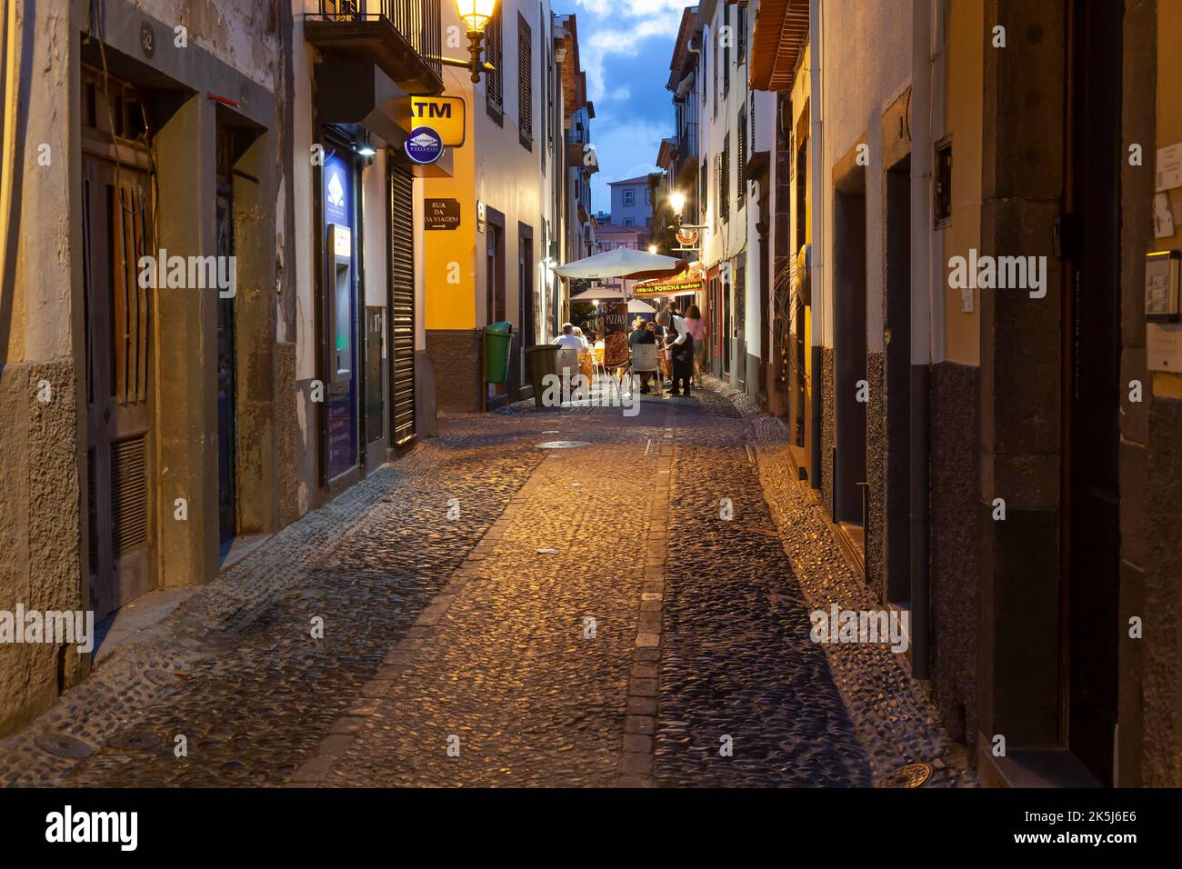 Alley in the old town with restaurants, by night, Funchal, Madeira ...