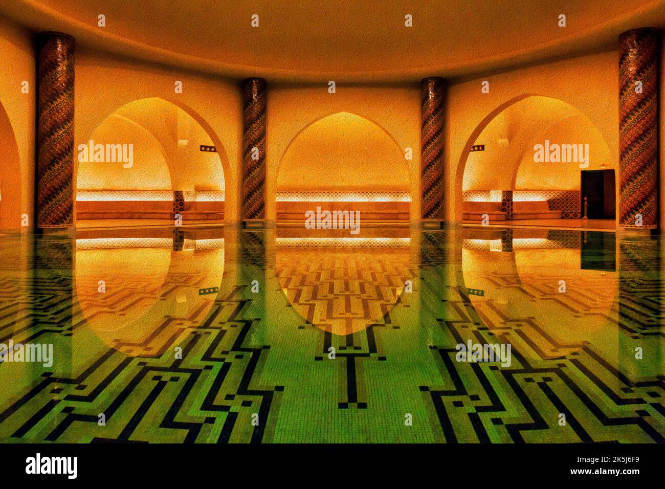Hamam of Hassan II Mosque, architecture, interior, illustration ...