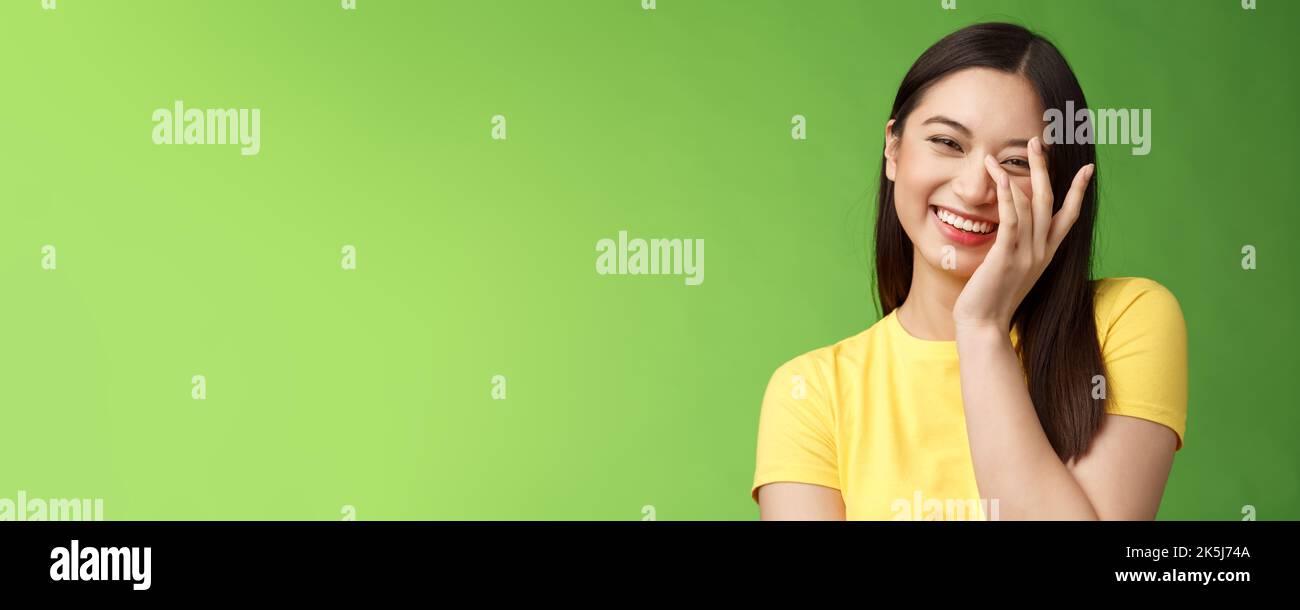 Waist-up sincere happy cheerful tender feminine asian woman brunette ...