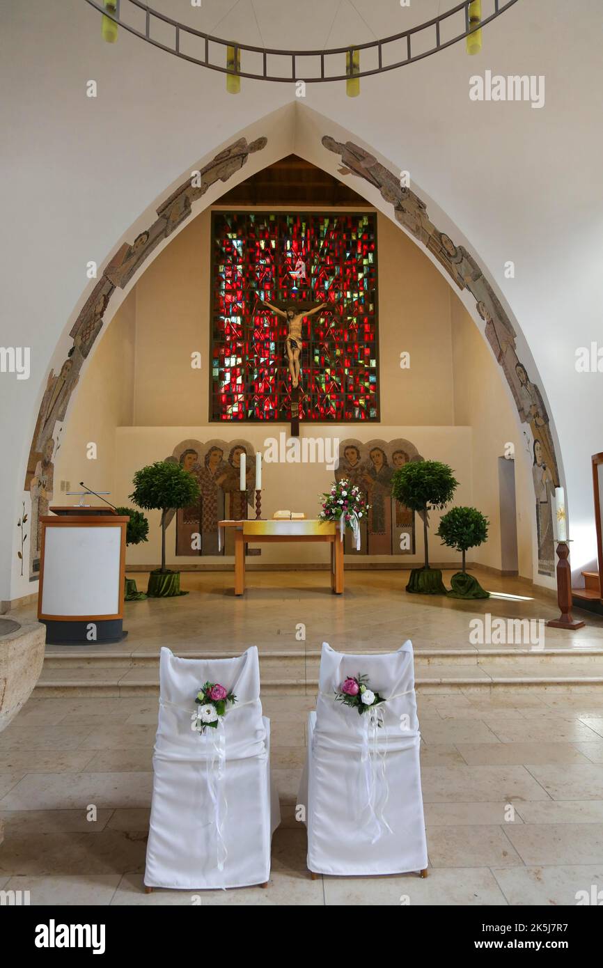 Choir room with Gothic cross, crucifix, crucified Jesus, expressionist ...