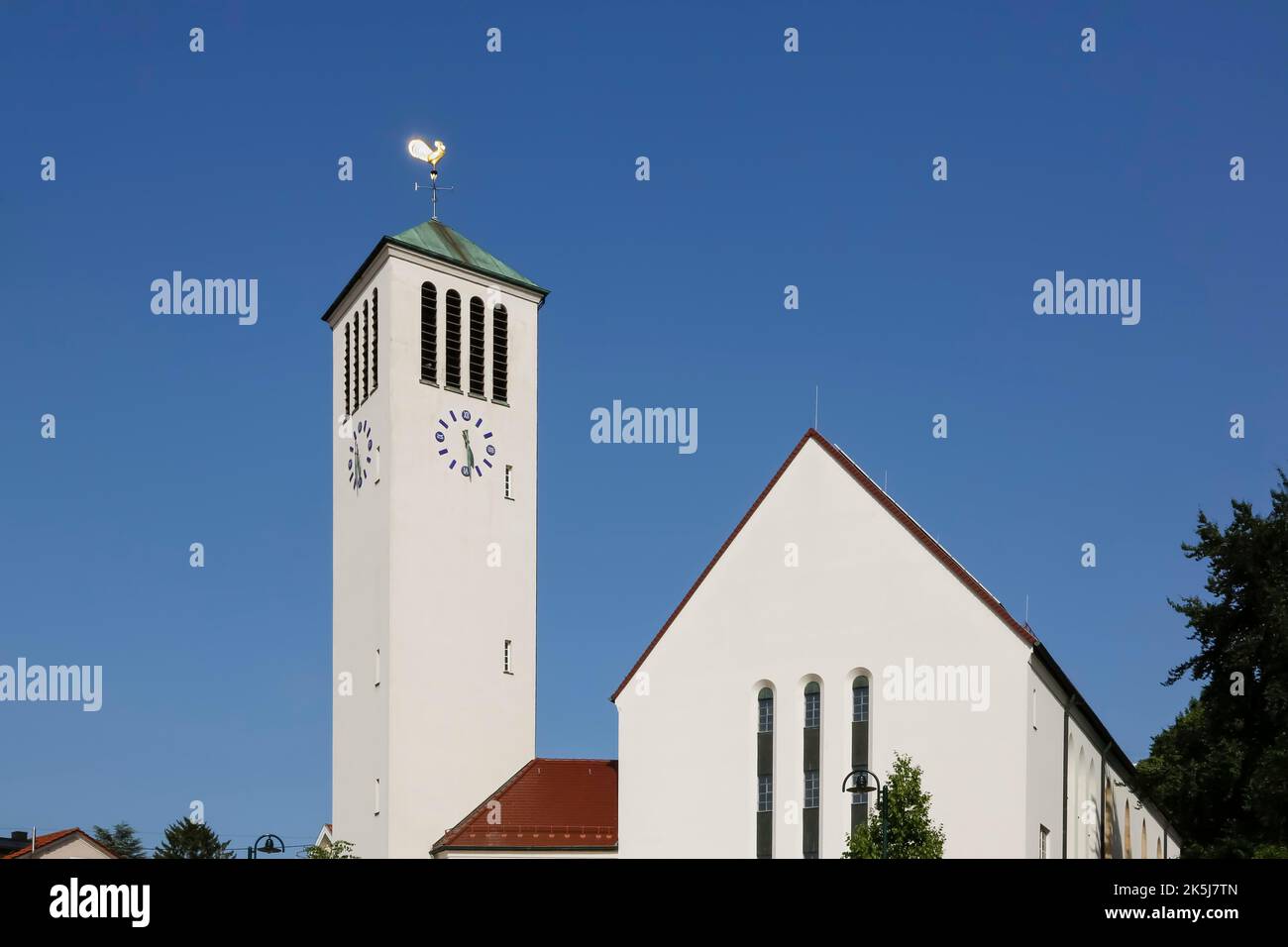 Protestant St. Andrew's Church, steeple, clock, weathercock, sacred ...