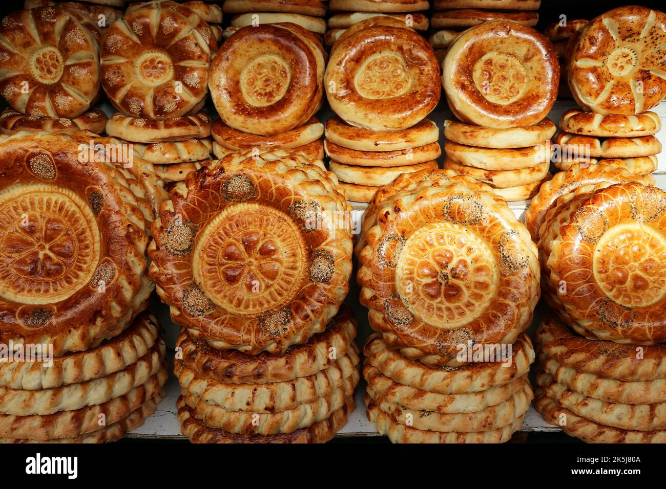 Traditional Nan bread (aka Lepyoshka) stall, Osh Bazaar, Chui Prospect ...