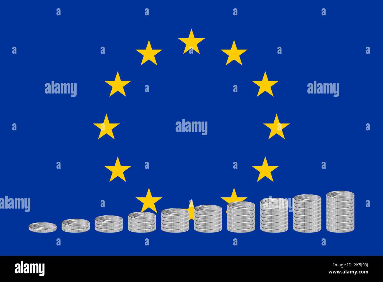 Stacks of Euro coins in silver color on the background of the EU flag ...