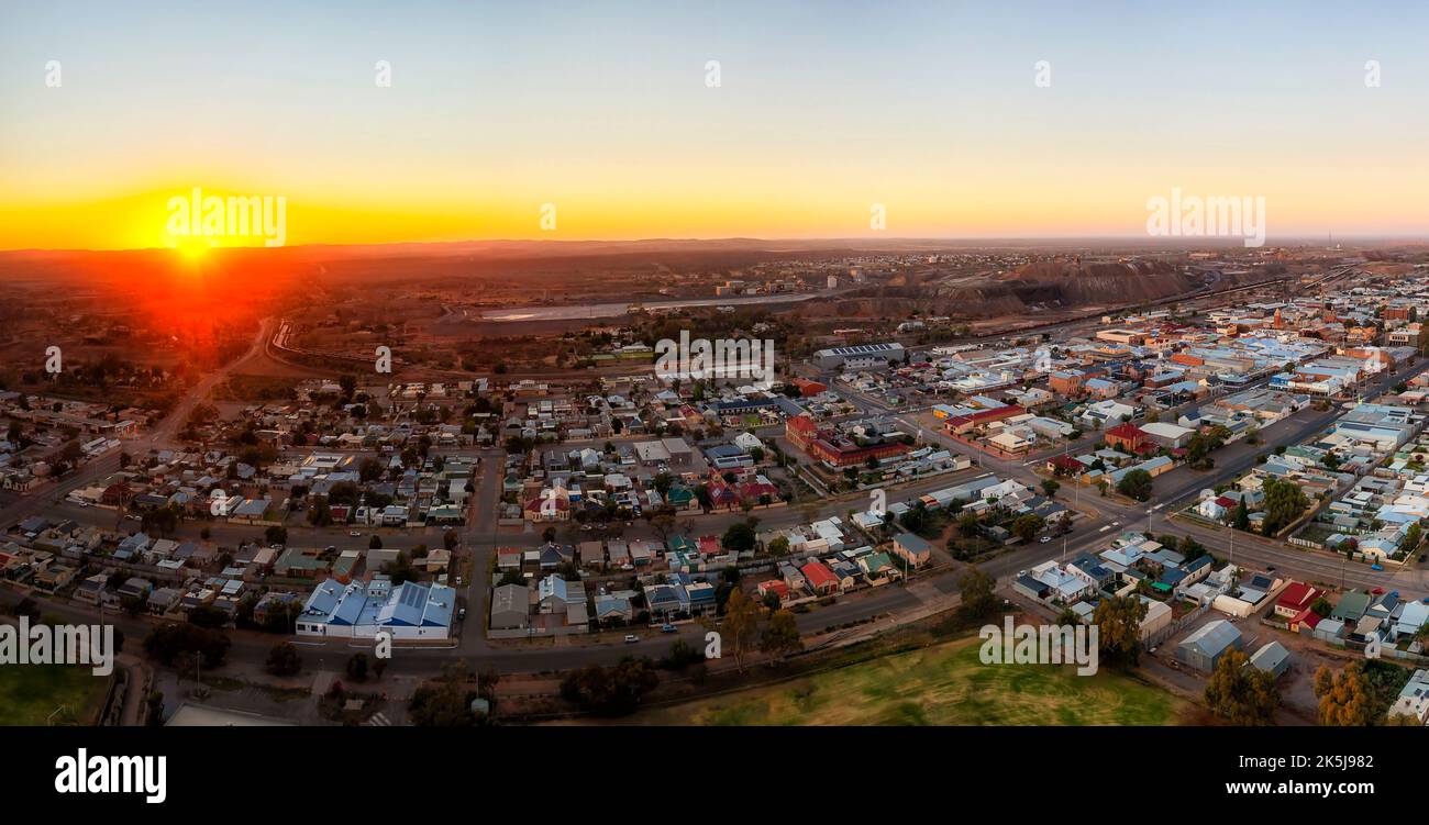 Scenic downtown sun mid-air panorama over Broken hill city from sun ...