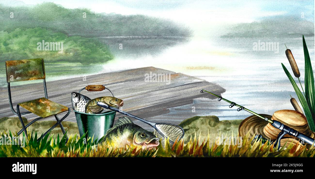 Fishing banner.River valley landscape. A poster with a picturesque view ...