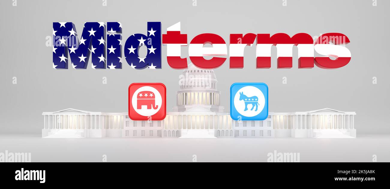 Midterm elections concept. The text Midterms colored in the US flag ...