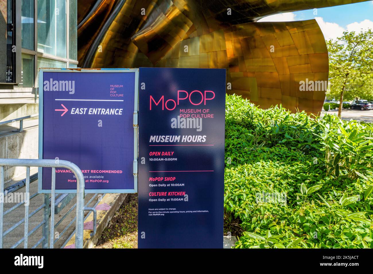 Entrance signs at the Museum of Pop Culture in Seattle, Washington ...