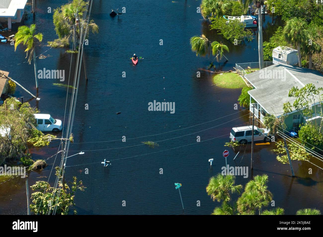 Flooded houses by hurricane Ian rainfall in Florida residential area ...