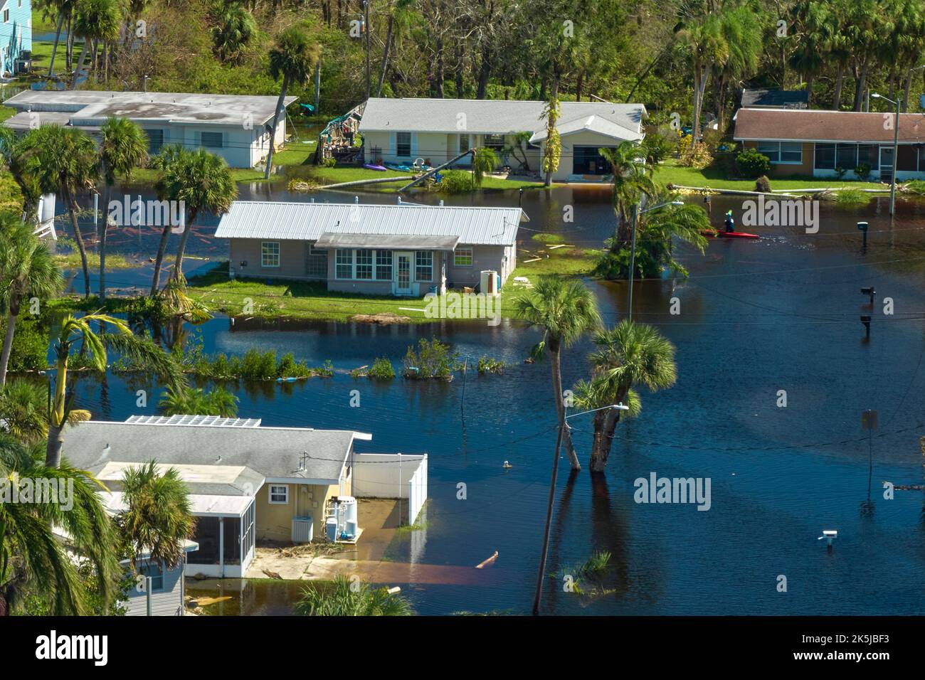 Flooded houses by hurricane Ian rainfall in Florida residential area ...
