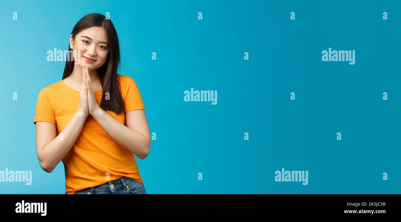 Pretty please girl asking politely. Cute charming asian woman smiling ...