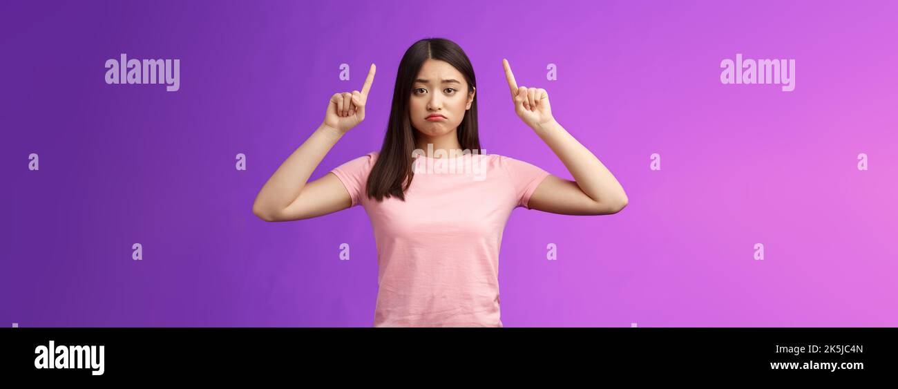 Upset moody sad asian girl look jealous, pouting distressed, pointing ...