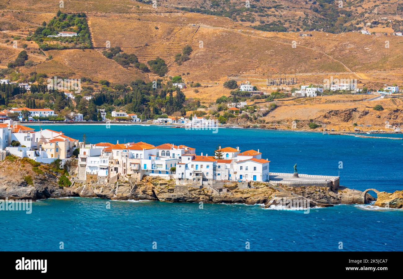 View of Chora town on the beautiful Andros island in Cyclades, Greece ...