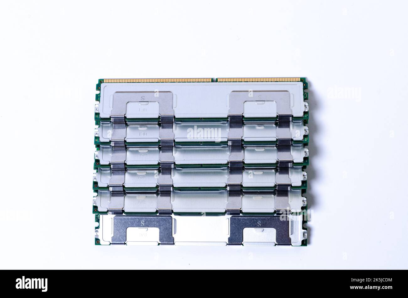 Computer memory card Close up memory socket on board computer server RAM on white background ...