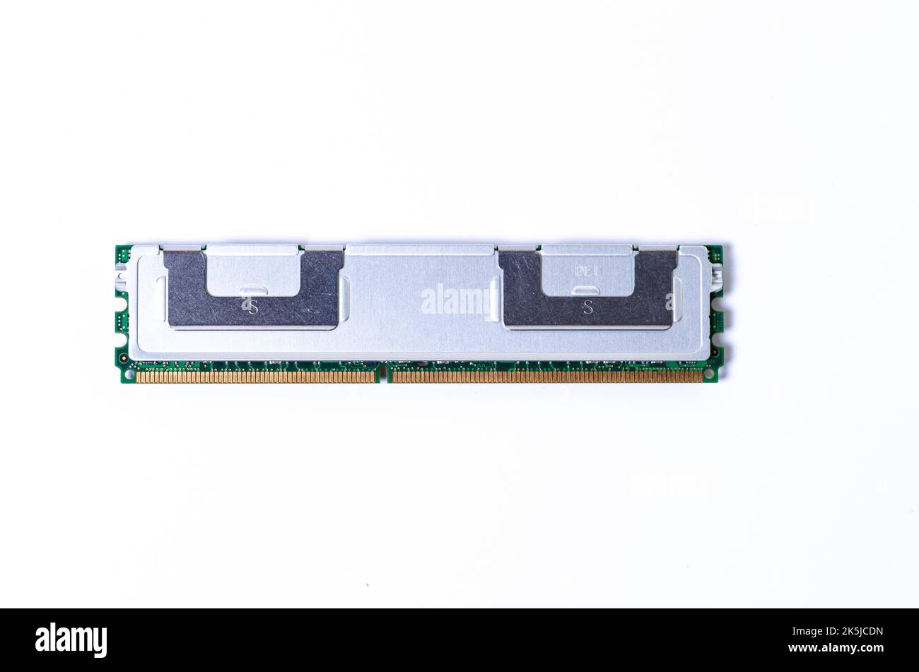 Computer memory card Close up memory socket on board computer server RAM on white background ...