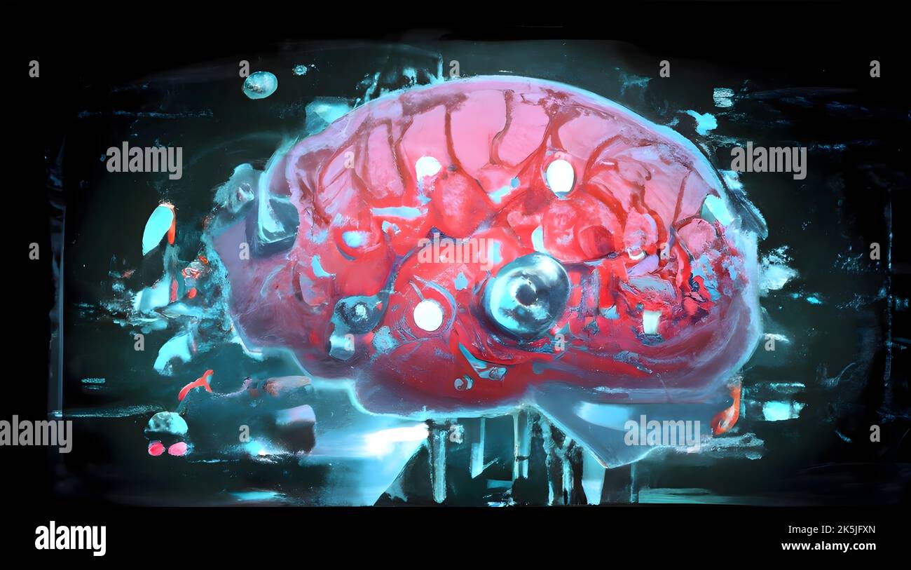 A cyborg brain surrounded by digital technology lightsartificial ...