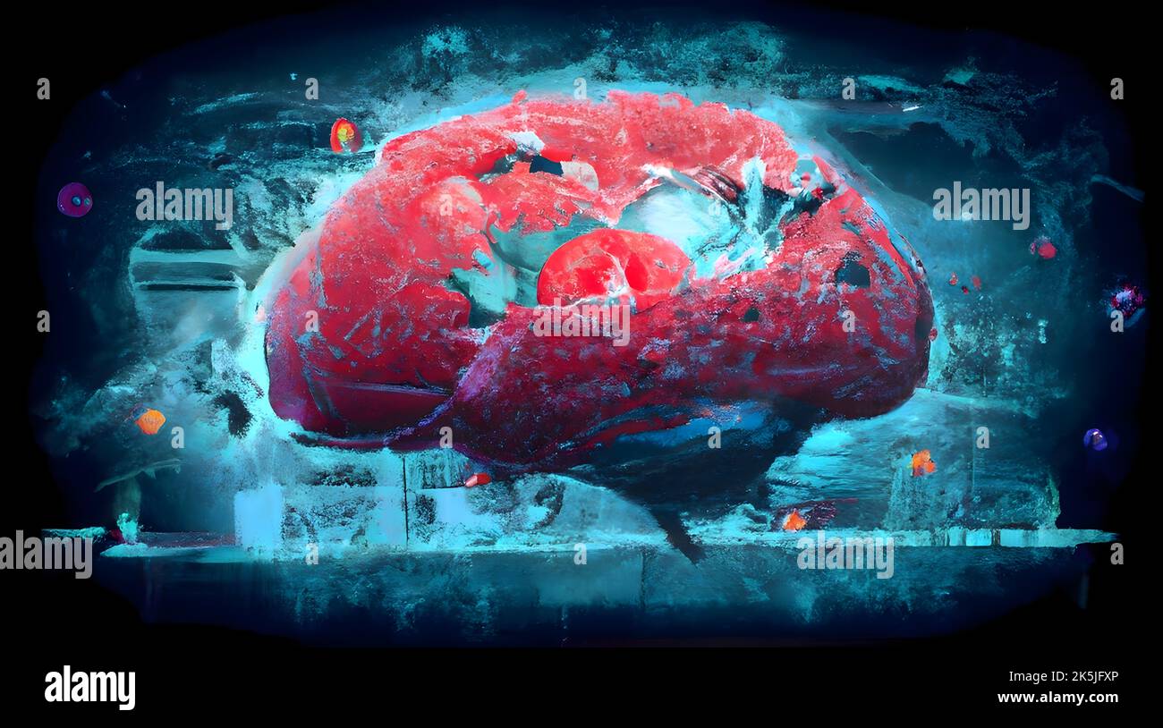 A cyborg brain surrounded by digital technology lightsartificial ...