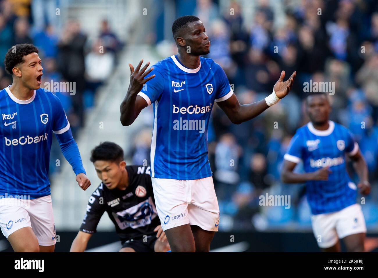 Genk's Paul Onuachu celebrates after scoring during a soccer match ...