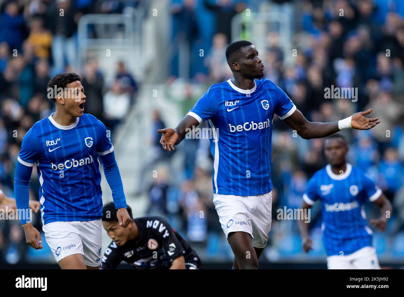 Genk's Paul Onuachu celebrates after scoring during a soccer match ...