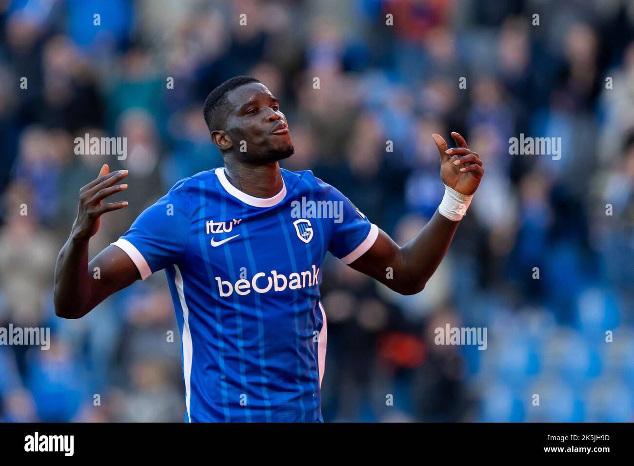 Genk's Paul Onuachu celebrates after scoring during a soccer match ...