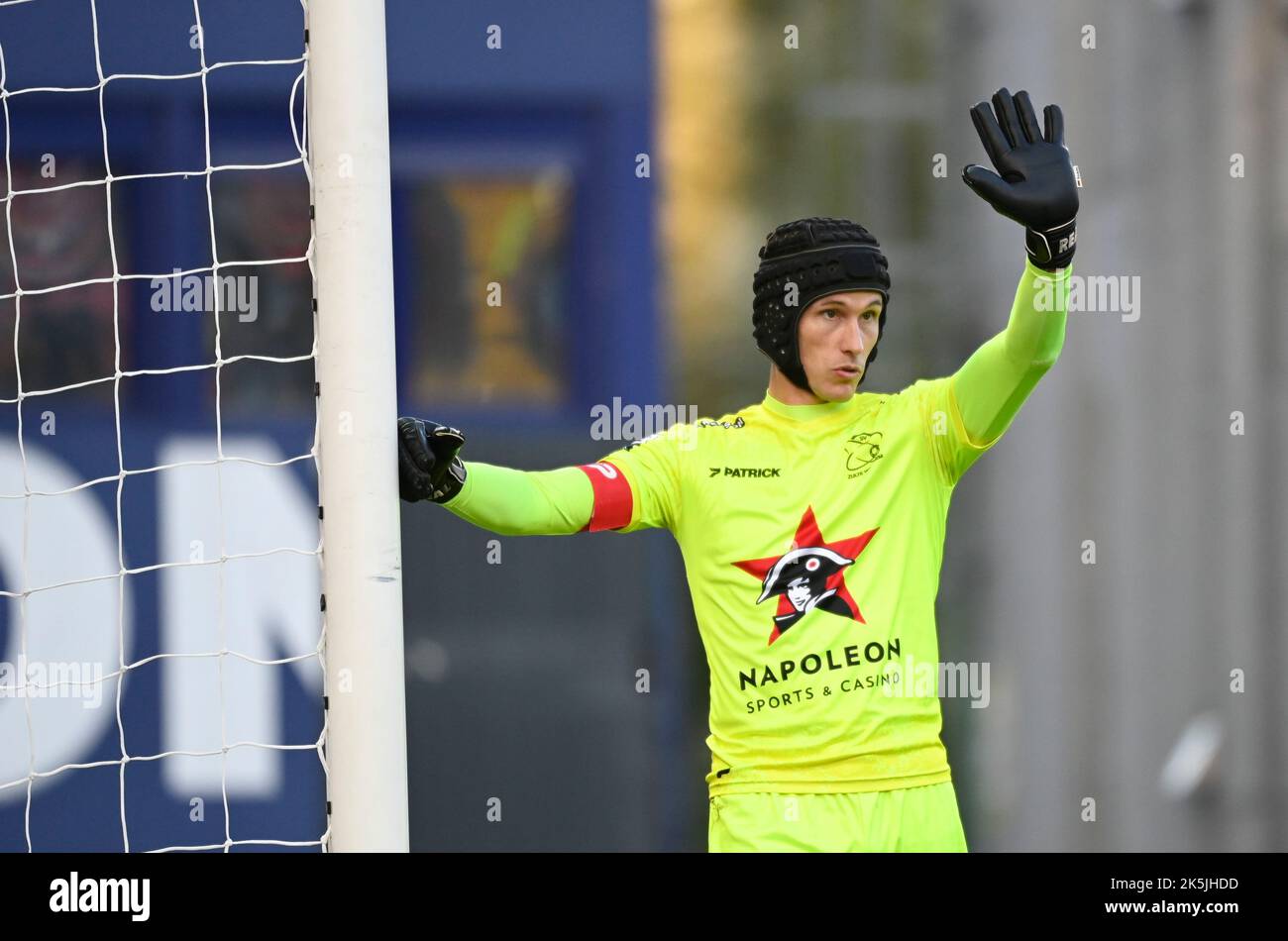Essevee's goalkeeper Sammy Bossut reacts during a soccer match between ...