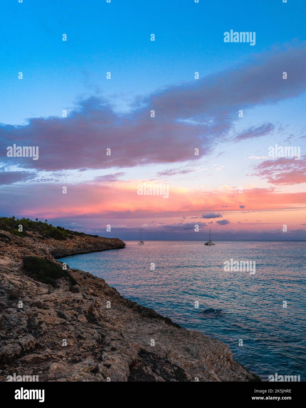 Sunset over Cala Mendia, Porto Cristo, Majorca, Spain, Europe Stock ...