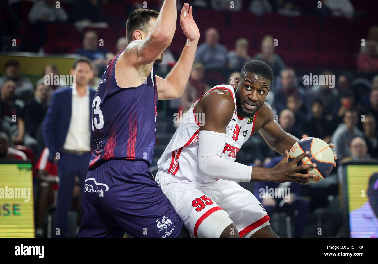 Liege's Ziga Fifolt and Spirou's Nathan Kuta fight for the ball during ...