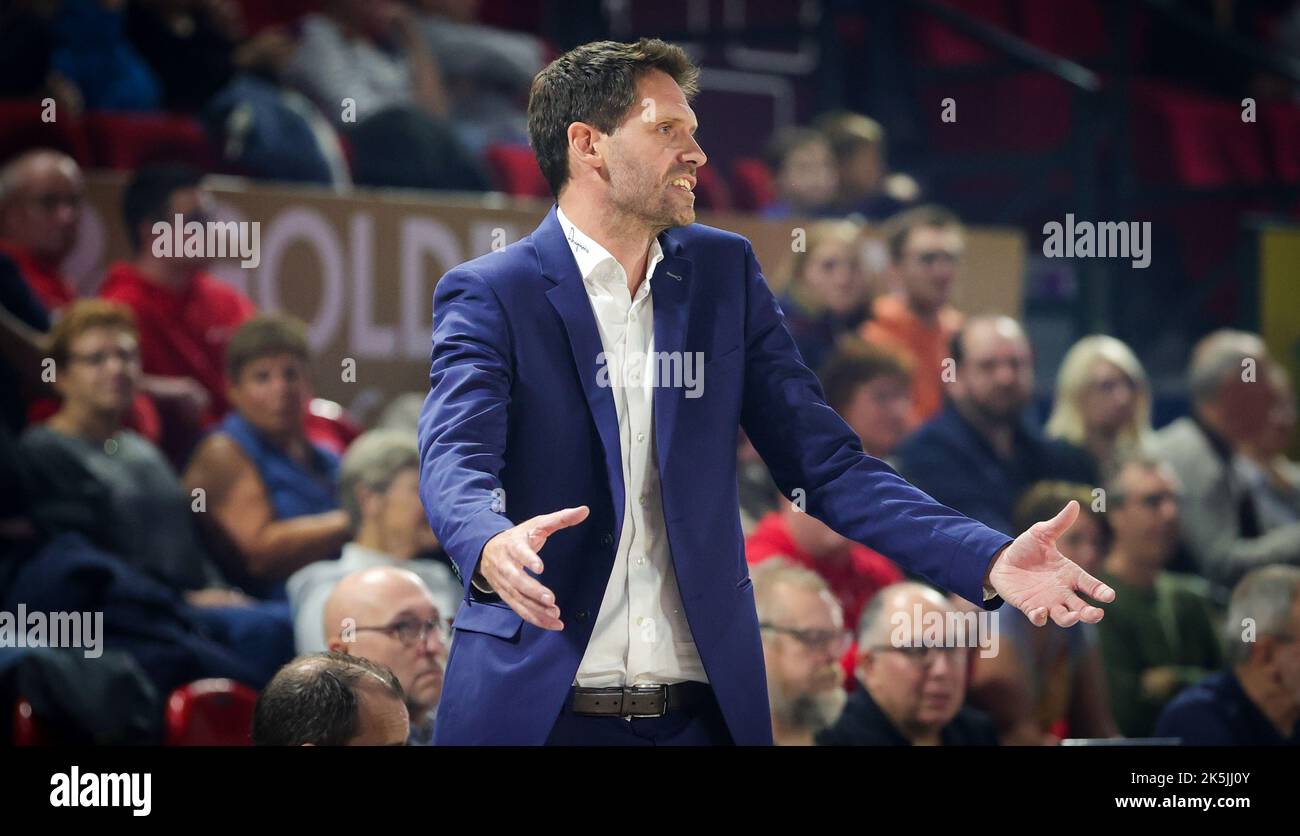 Spirou's head coach Sam Rotsaert gestures during a basketball match ...