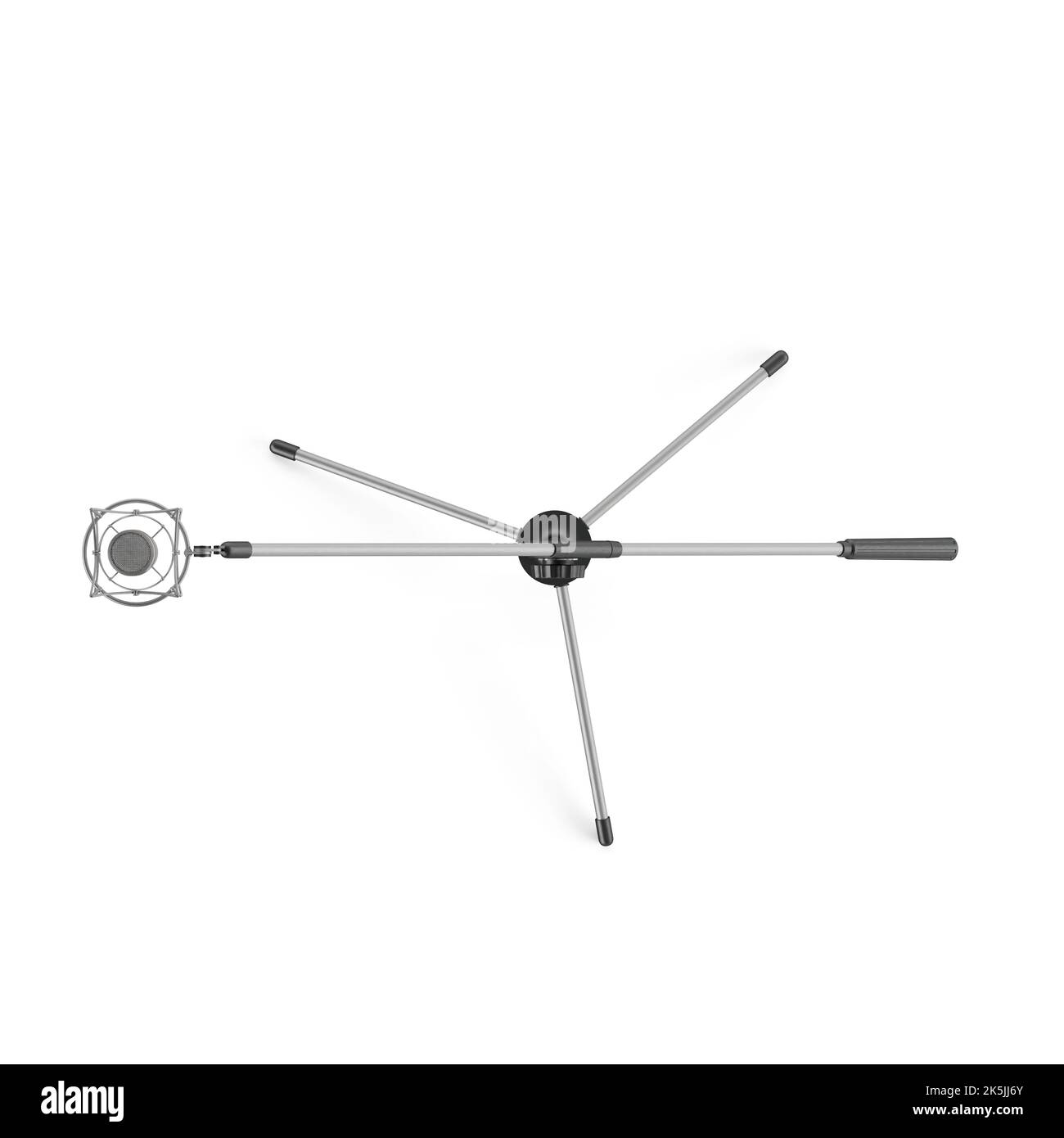 A top view of a silver modern microphone fixed on a stand with tripod ...