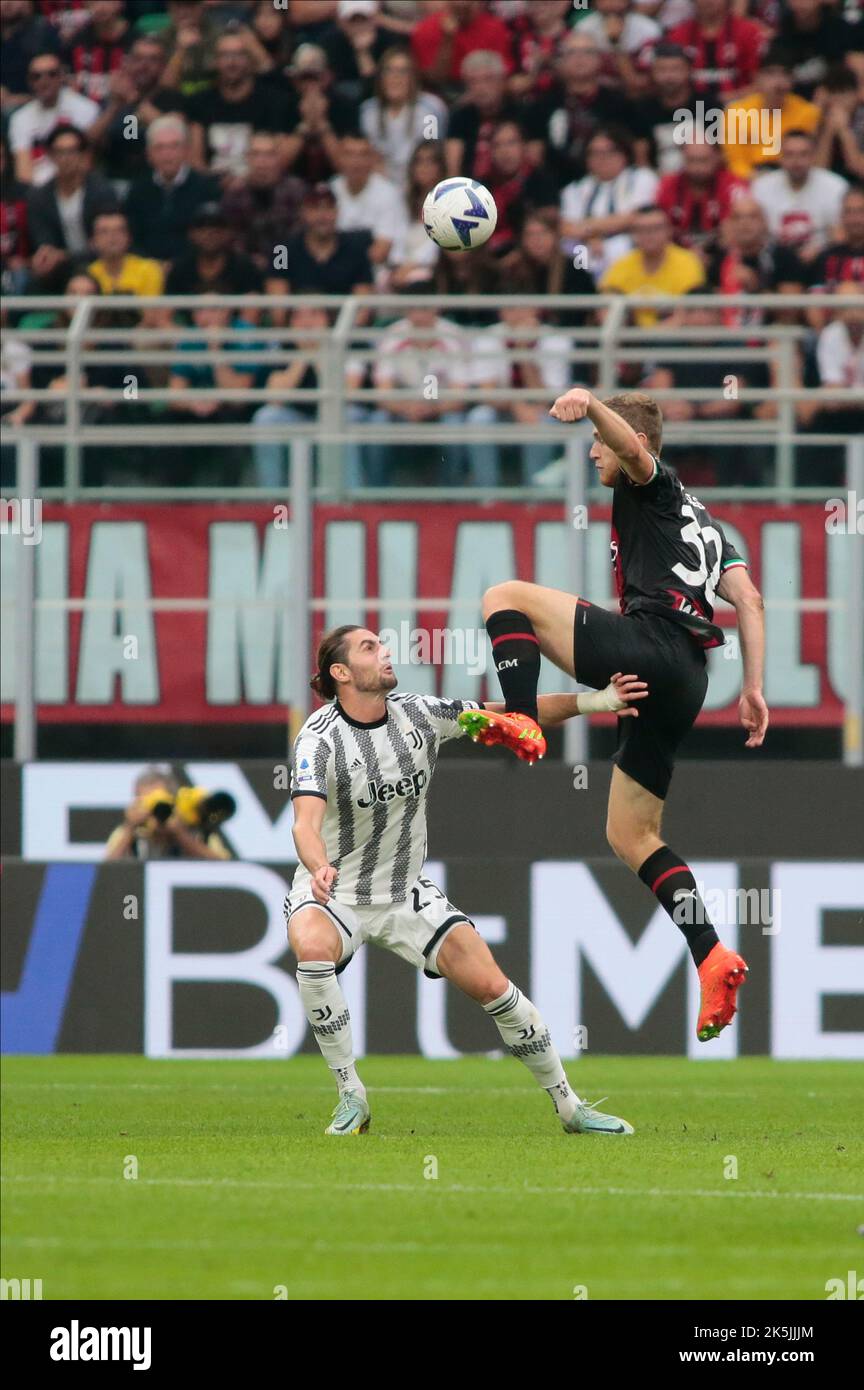 Tommaso Pobega of Ac Milan and Adrien Rabiot of Juventus Fc during the ...
