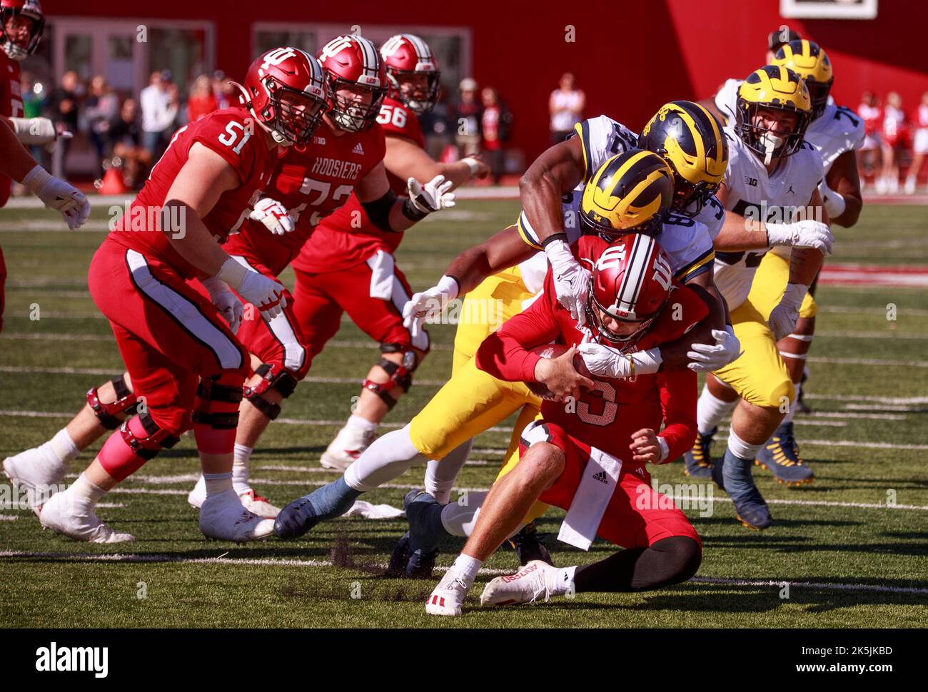 Indiana Hoosiers quarterback Connor Bazelak (9) is sacked by Michigan ...