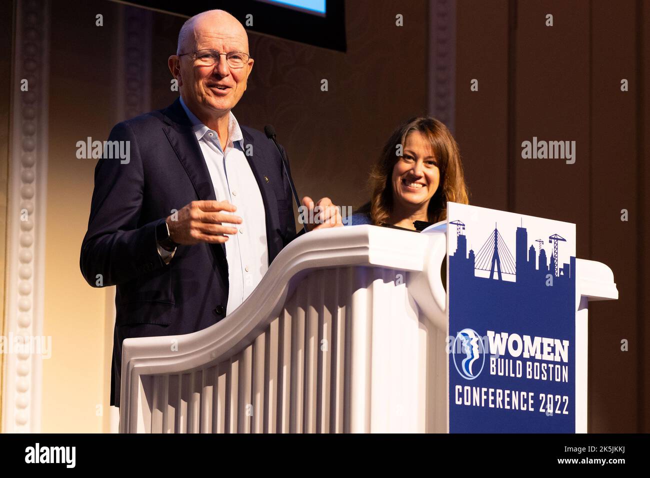 Everett, MA, USA. 8th Oct, 2022. Peter Campot and Jacqui Krum speak at ...