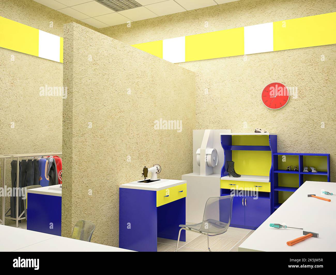 3D rendering of the interior design of a workshop for repairing shoes, clothes and making keys ...