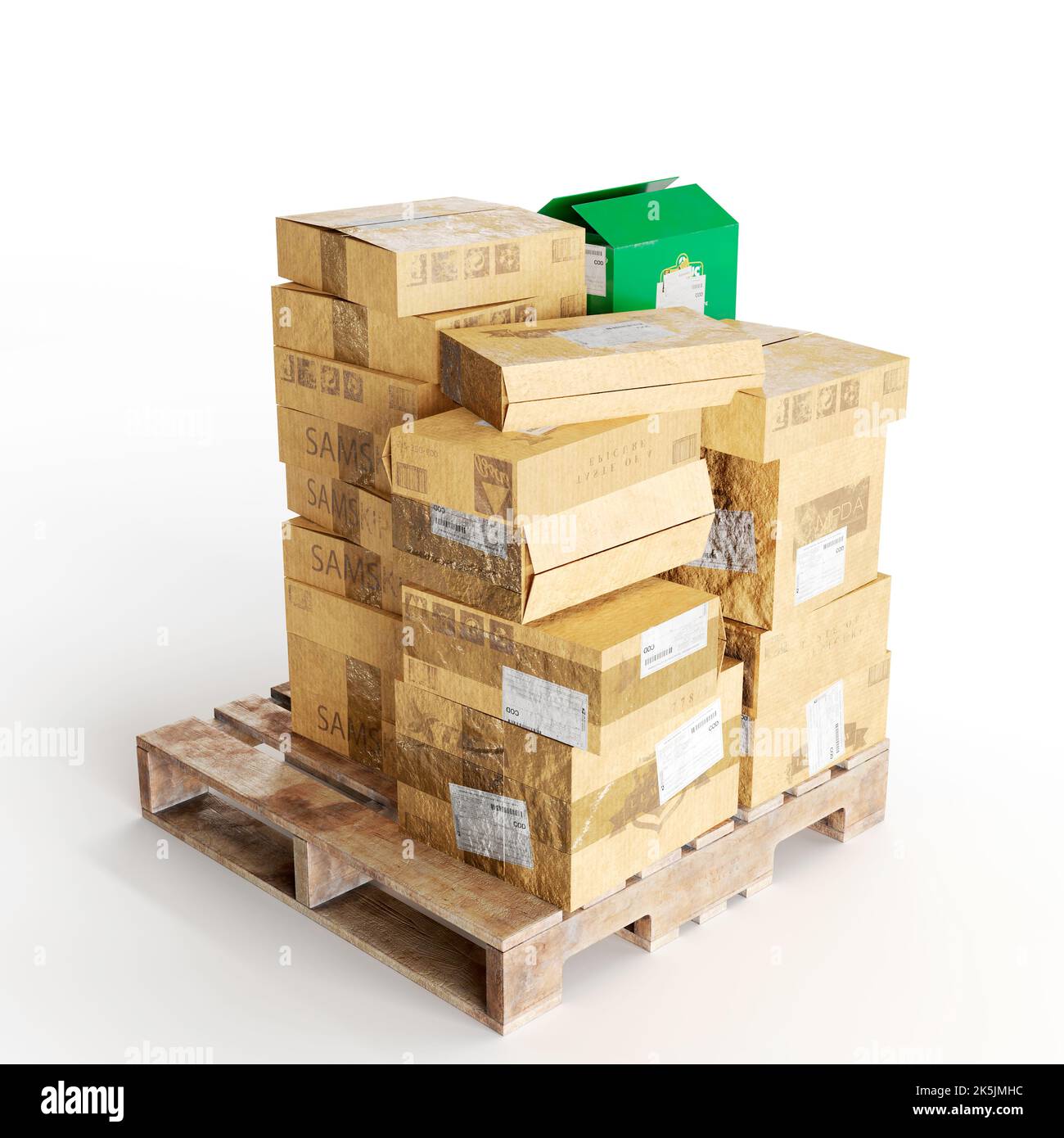 A 3D render of wooden crates and Samskip cardboard boxes isolated on a ...