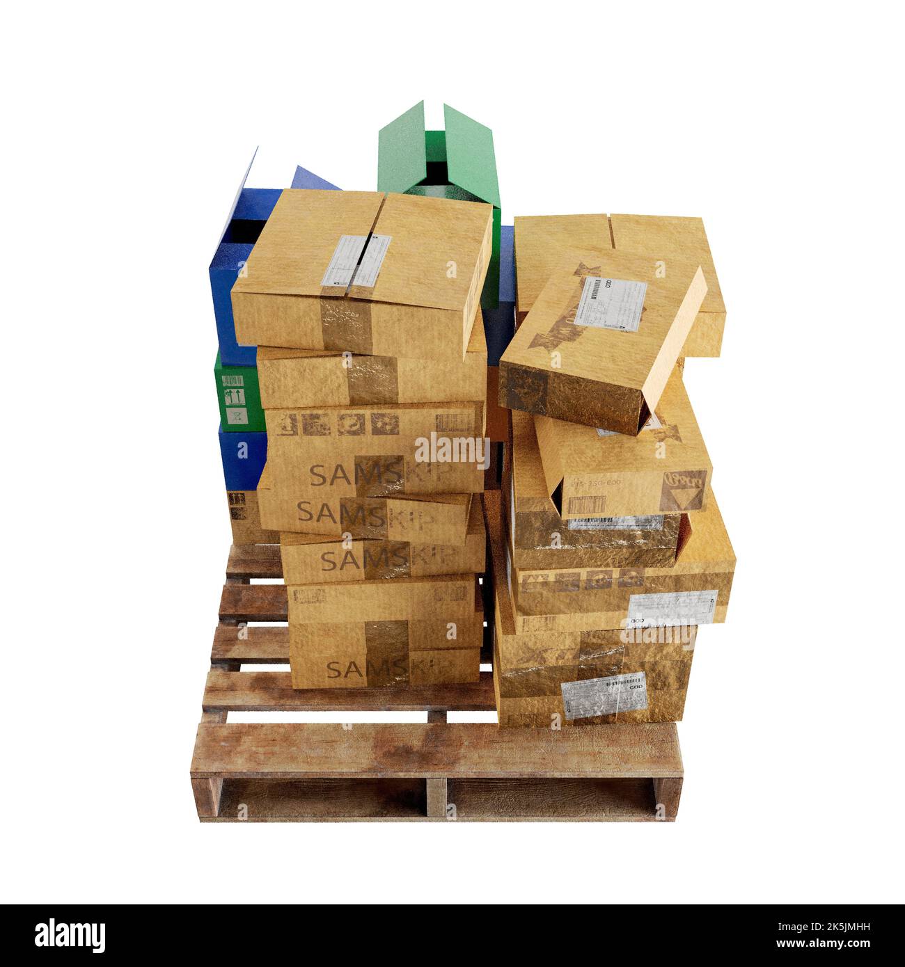 A 3D render of wooden crates and Samskip cardboard boxes isolated on a ...