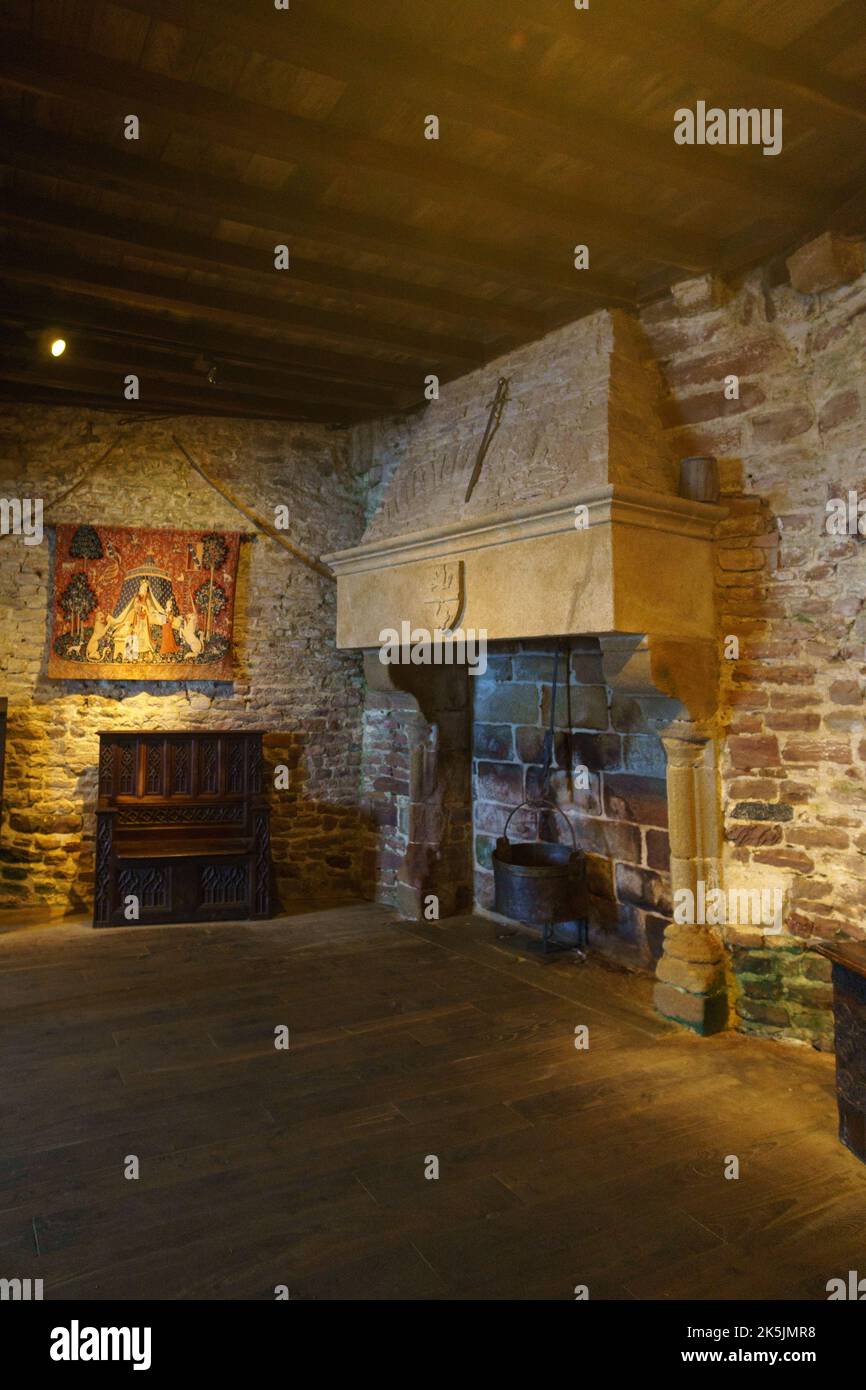 Medieval room inside a french castle with chimney, Fort la Latte ...