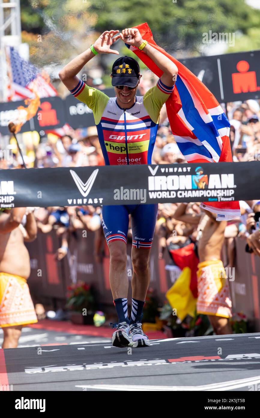 Norwegian Gustav iden celebrates as he crosses the finish line to win ...